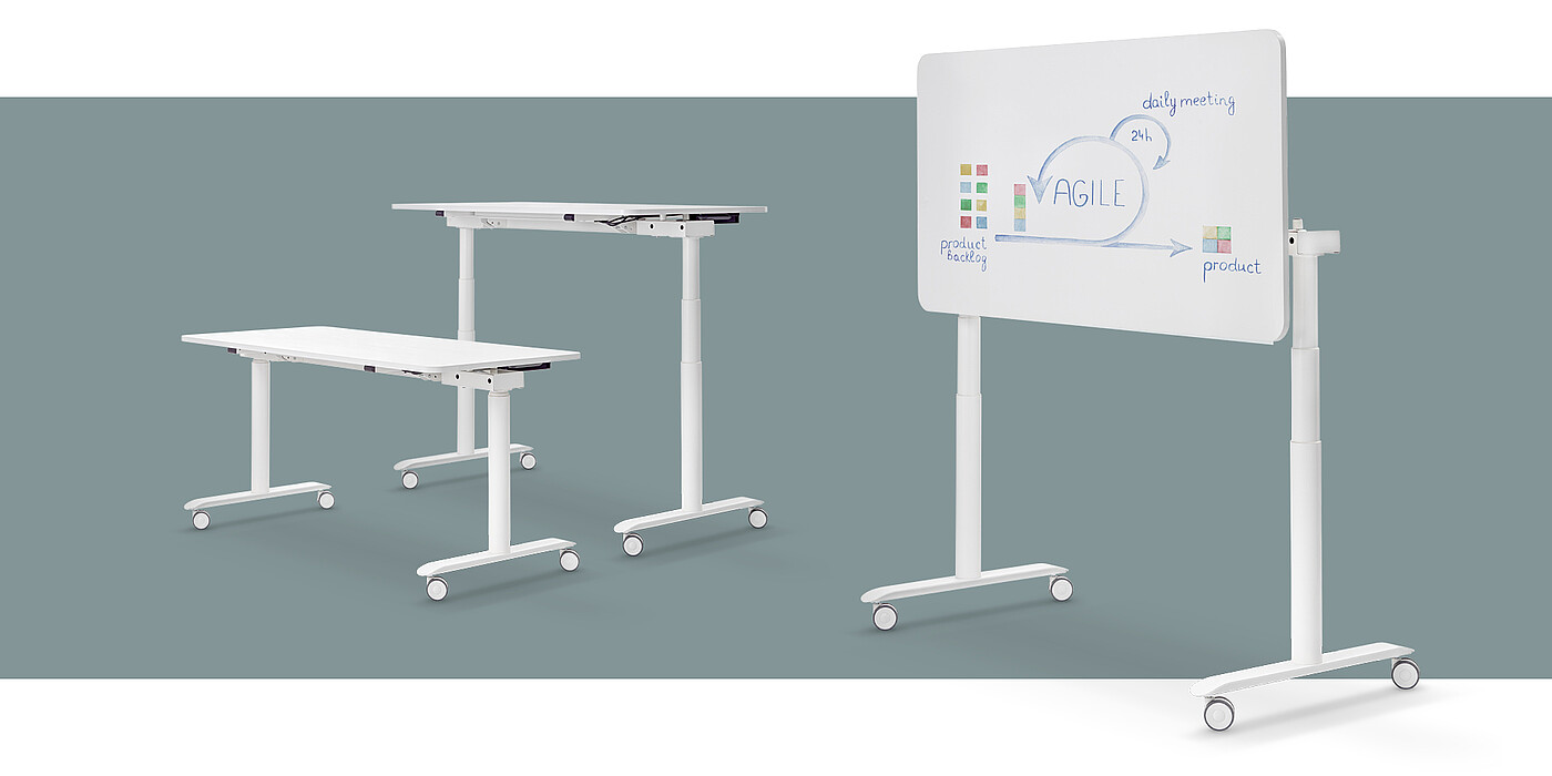Height adjustable lab tables with whiteboard functionality